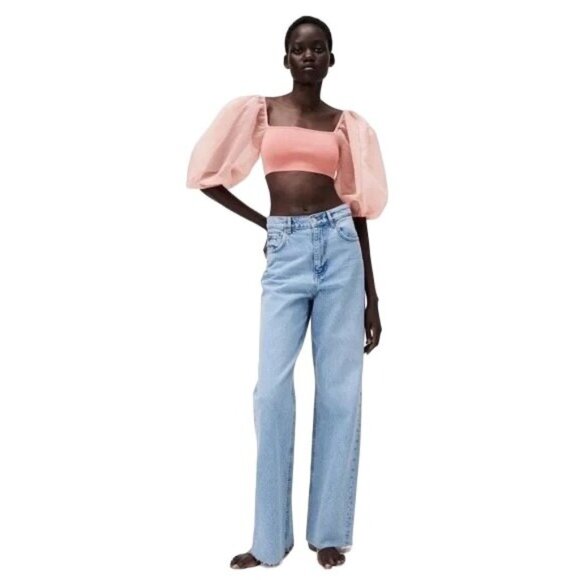 Zara | Tops | Zara Pink Knit Sheer Organza Balloon Sleeve Cropped Top ...